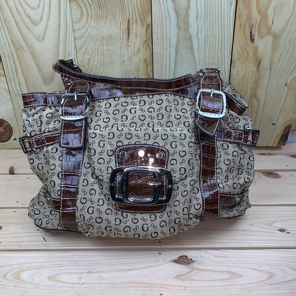 Guess | Bags | Guess Fabric Tan Brown Leather Accent Sachel | Poshmark